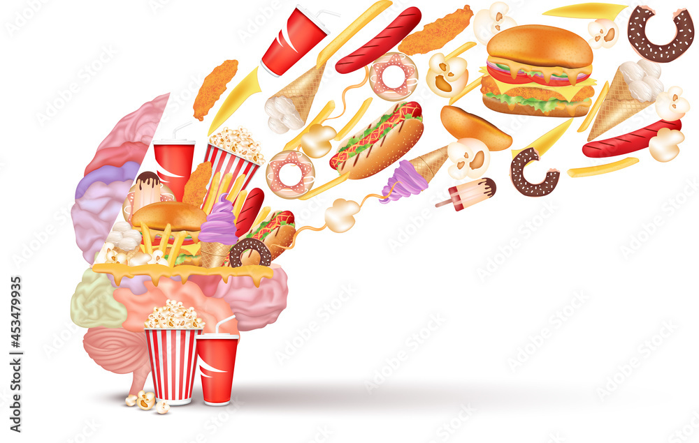 Junk food brain health and unhealthy nutrition choices. cheeseburger ...