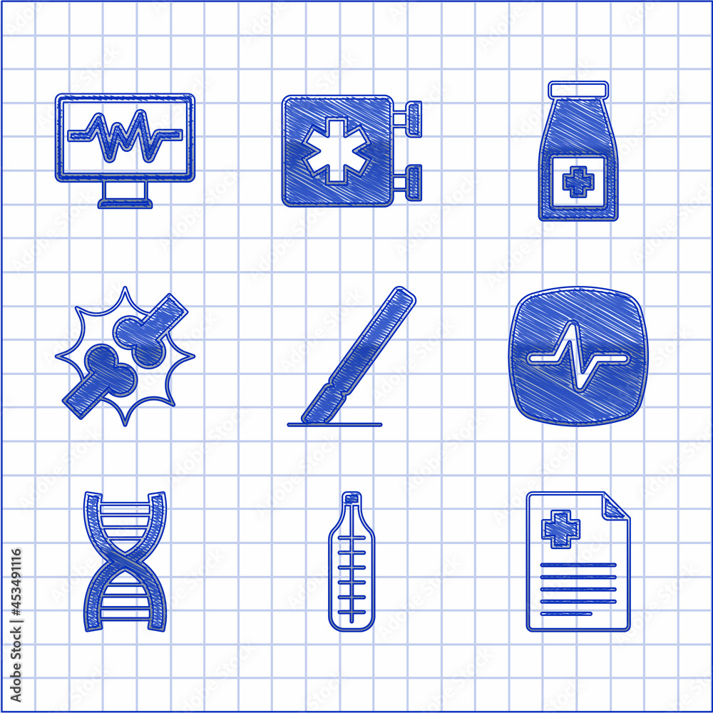 Set Surgery scalpel, Medical thermometer, Patient record, Heart rate ...