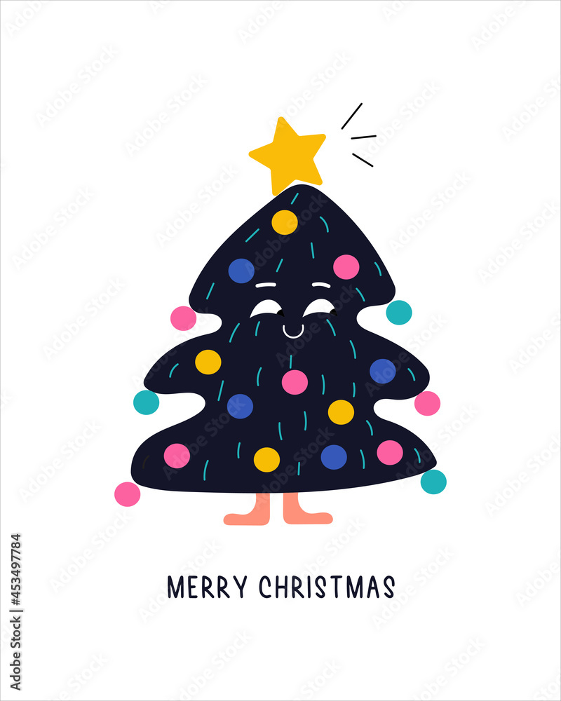 Funny Christmas tree characters with cute face emotion. Cartoon style ...