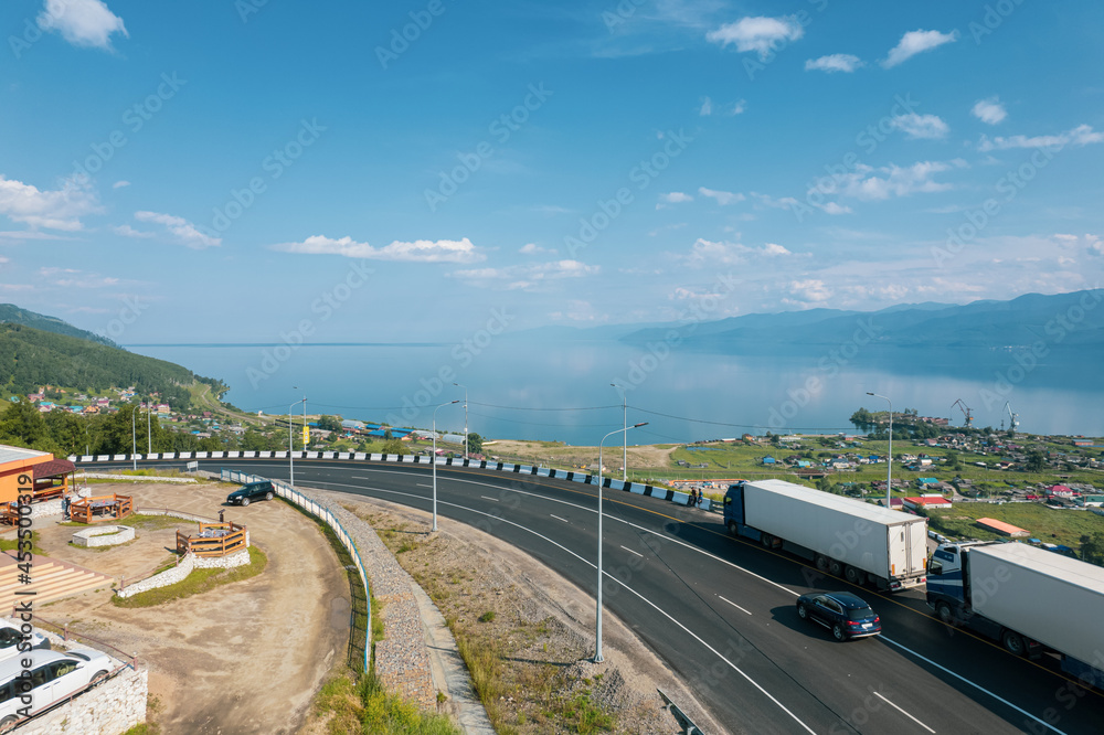The Baikal serpentine road - aerial view of natural mountain valley ...