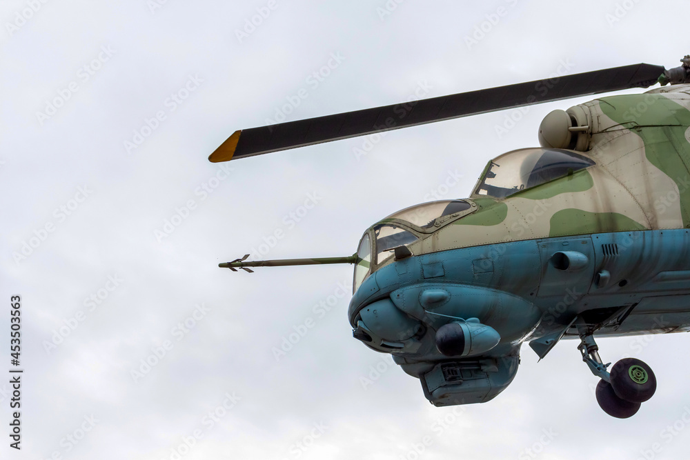Russia, Lyubertsy - August 15, 2021: Close-up view of large attack helicopter Mi-24 (NATO ...