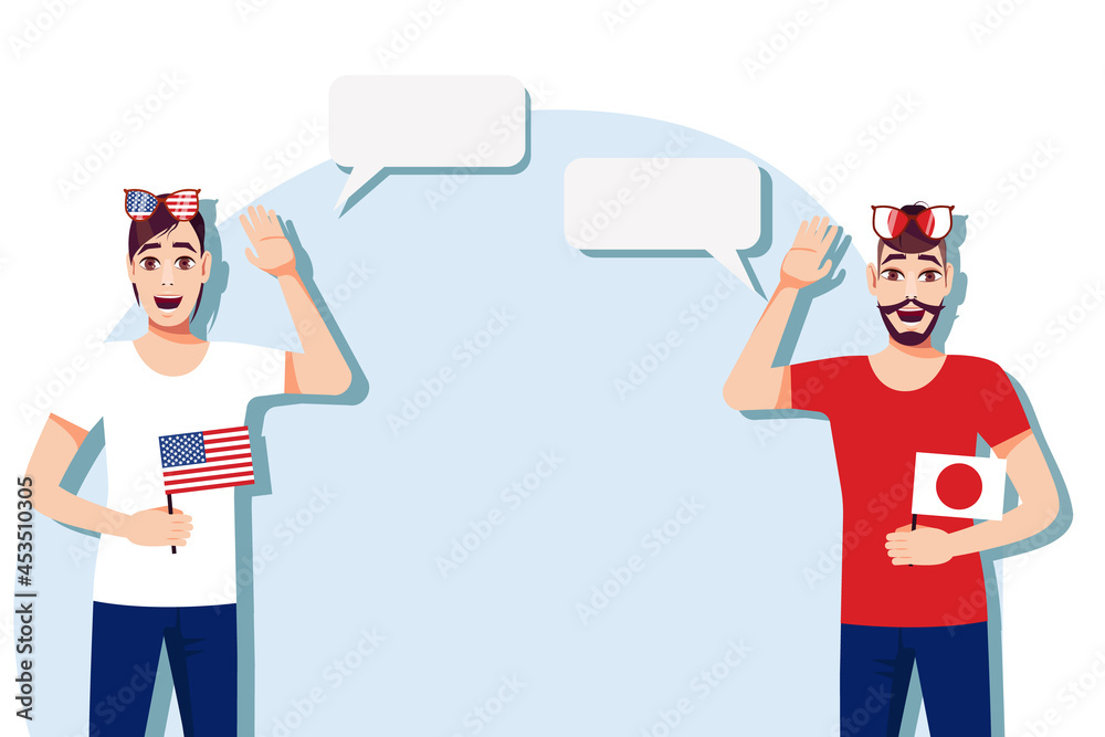 Men with American and Japanese flags. Background for the text ...