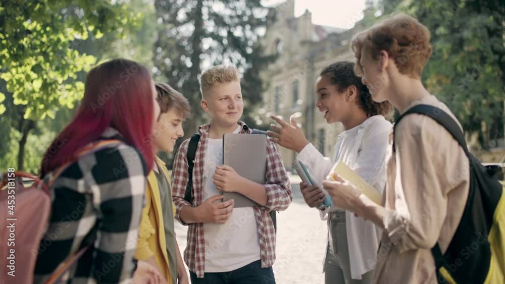 Multiracial middle school kids talking after classes, hanging out ...