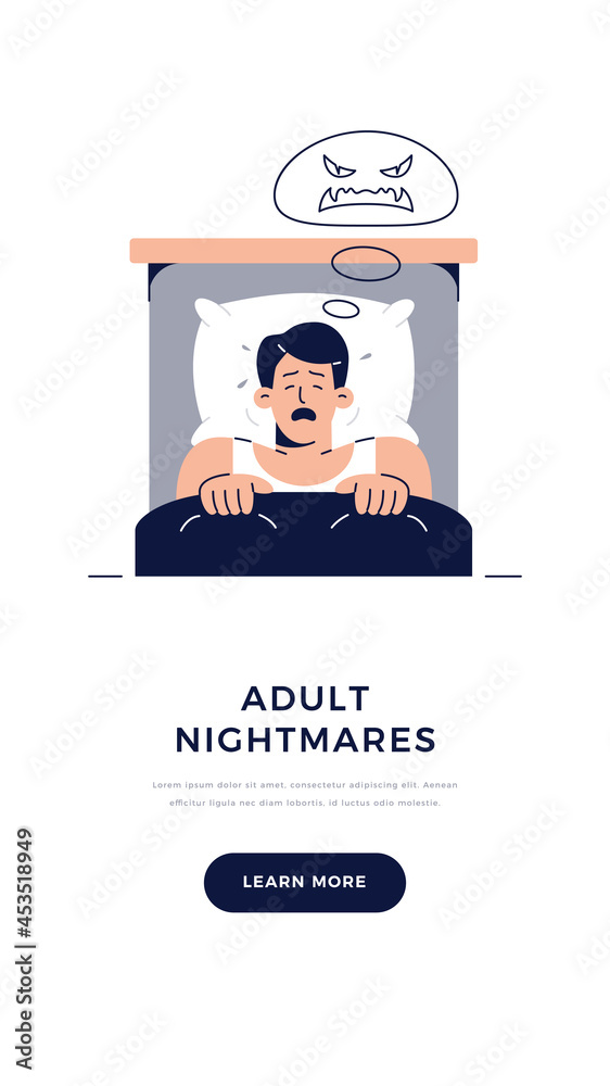 Nightmares in Adults banner. Frightened man character has a bad dream ...
