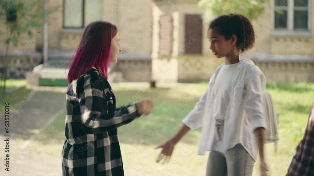 Two girls having fight in school yard, conflict between classmates ...