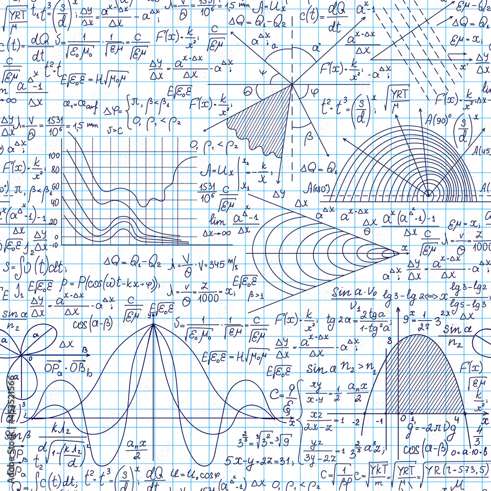 Math vector seamless pattern with handwritten mathematical and physical ...