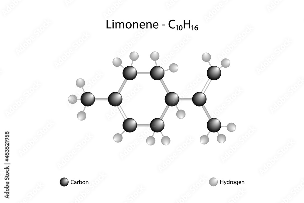 Molecular formula of limonene. Limonene is a colorless liquid aliphatic ...