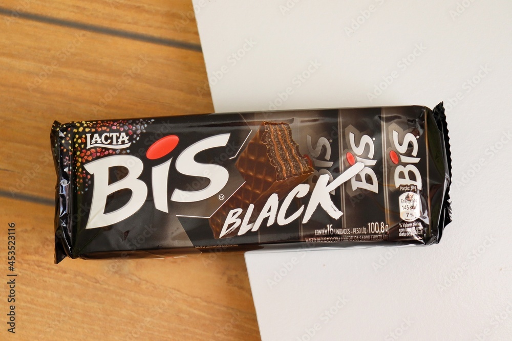 August 26, 2021 - Brazil: Bis Black Lacta chocolate on wooden ...