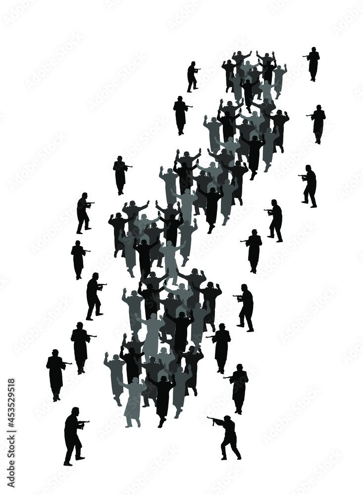 Soldiers with rifle defeated enemy and forced them to surrender ...