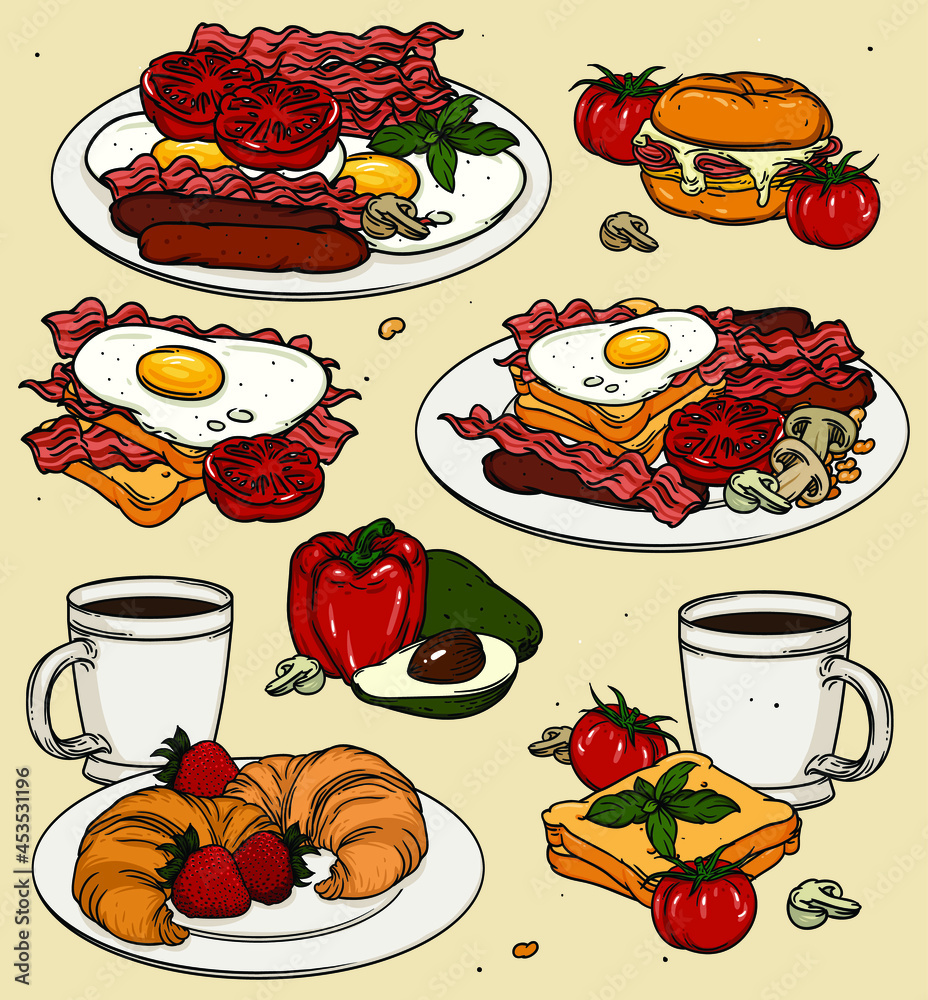 Classic breakfast cartoon set with bacon, fried eggs, toasts, egg and ...