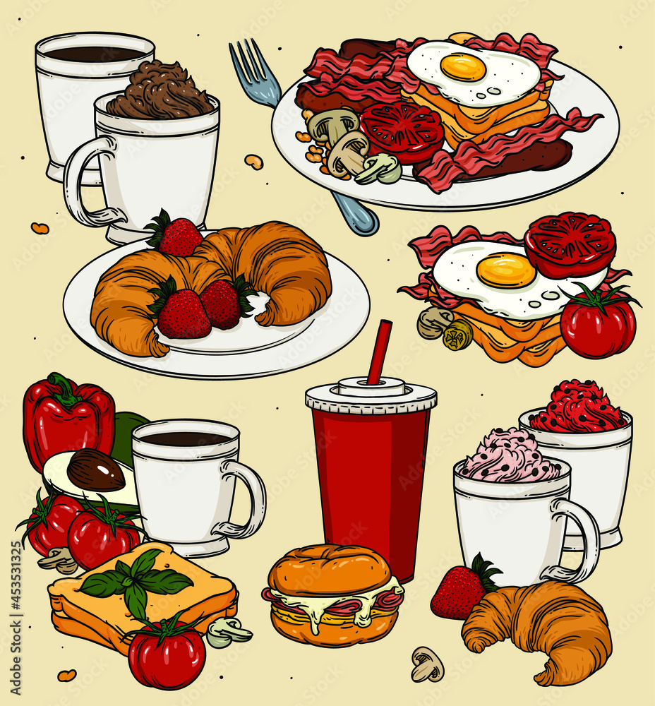Classic breakfast cartoon set with bacon, fried eggs, toasts, egg and ...