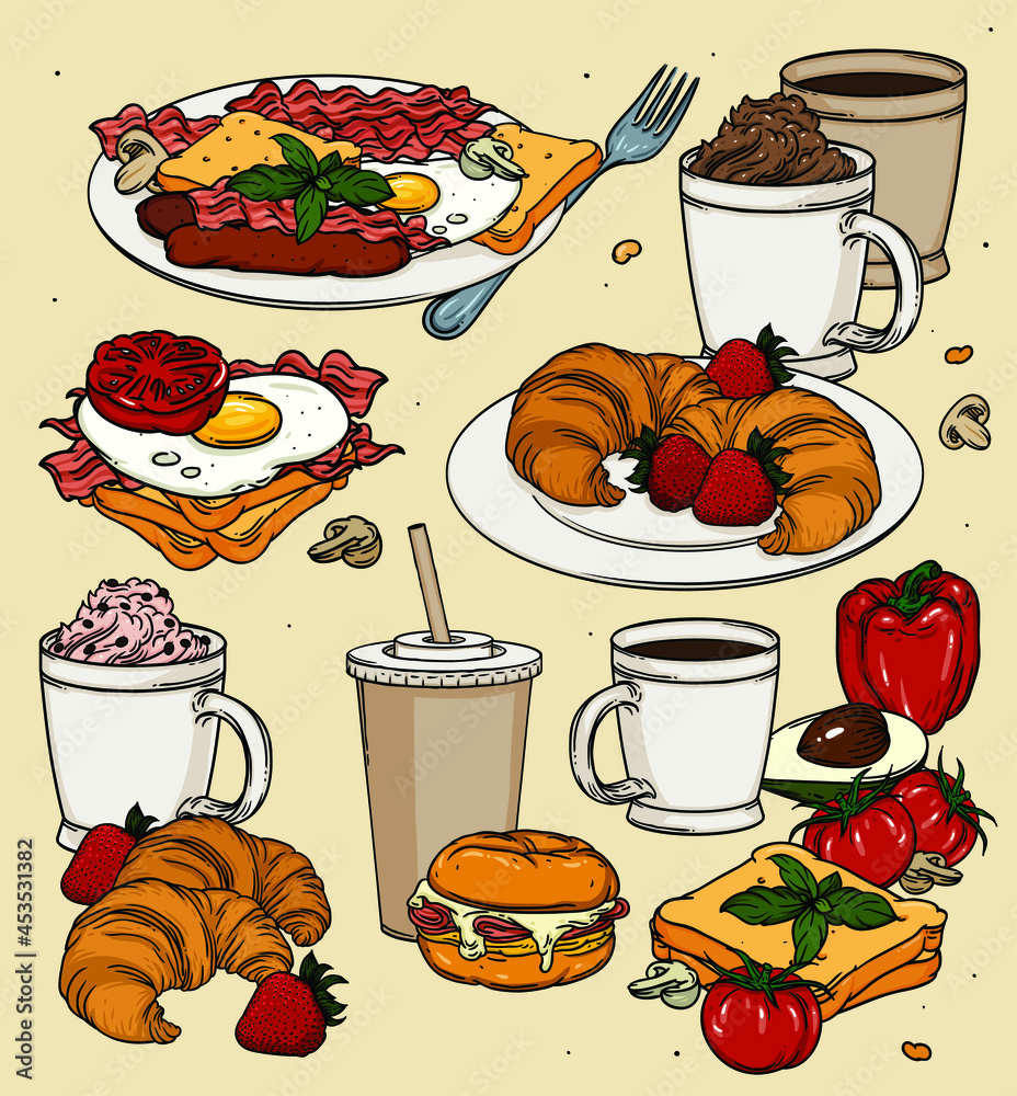 Classic breakfast cartoon set with bacon, fried eggs, toasts, egg and ...