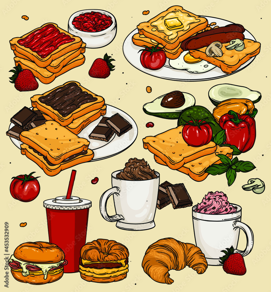 Classic breakfast cartoon set with bacon, fried eggs, toasts, egg and ...