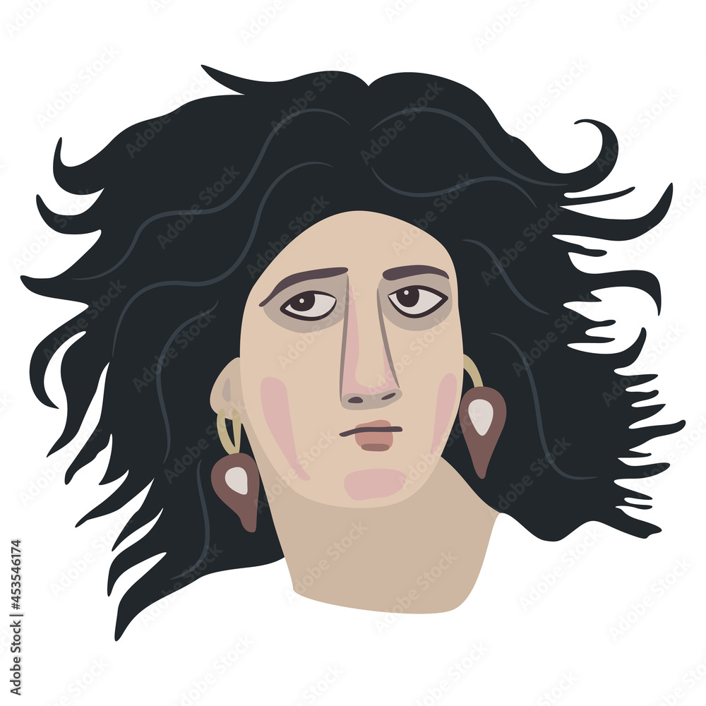 Stylized head of a beautiful woman. Lady with dark disheveled hair and ...