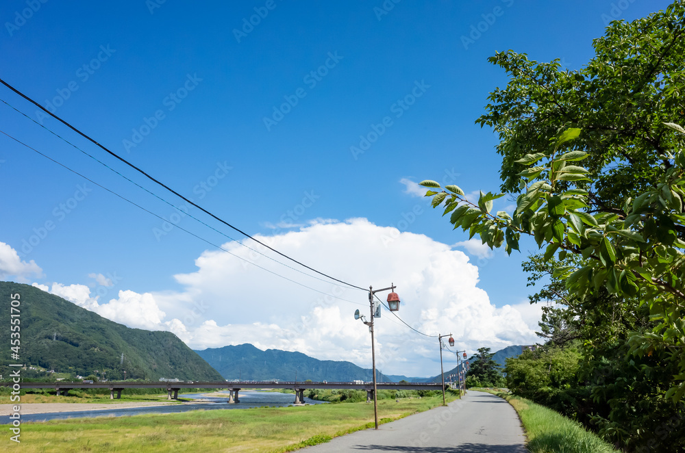 summer scenery of blue sky with clouds and empty long straight rive ...