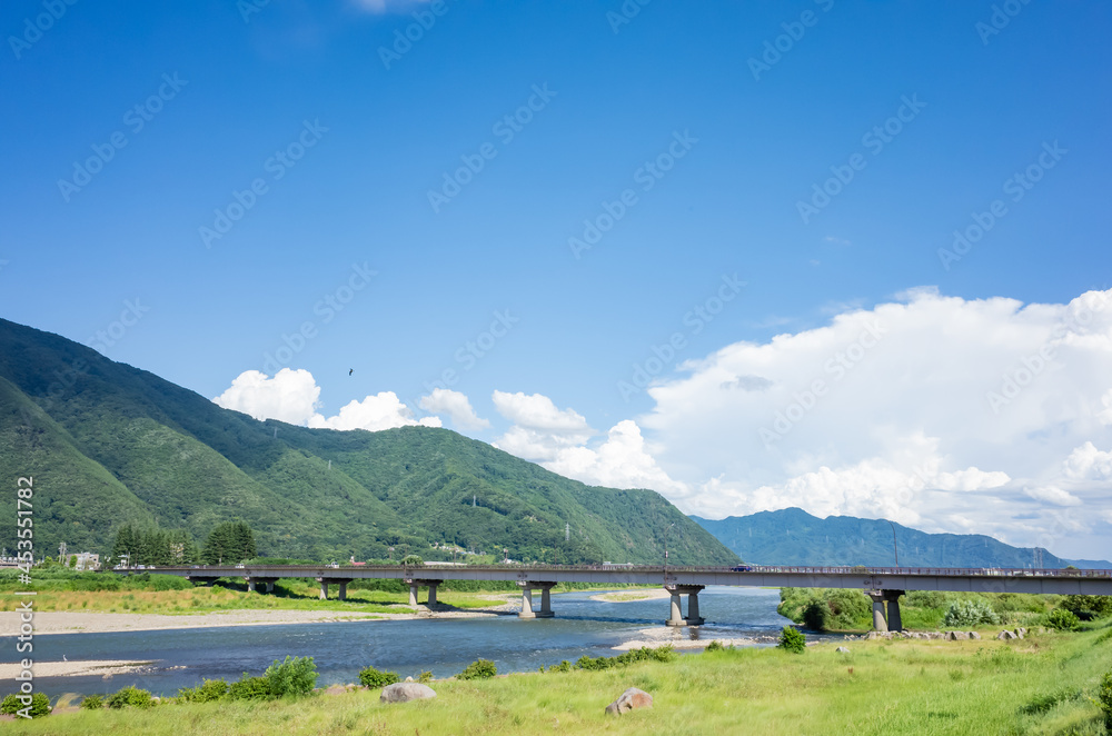 summer scenery of blue sky with clouds, mountain range, and brige over ...