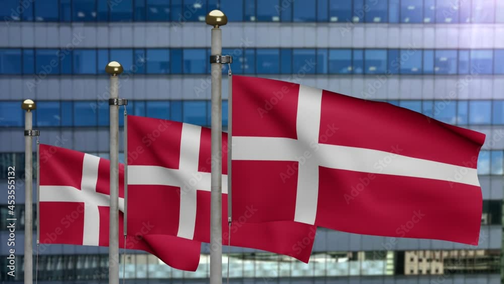 3D, Danish flag waving on wind with modern skyscraper city. Denmark ...