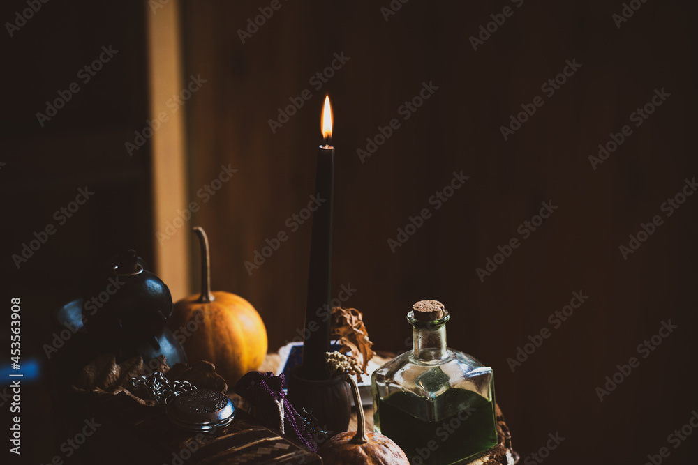Candle burns on the altar, magic among candles, clean energy, magical ...