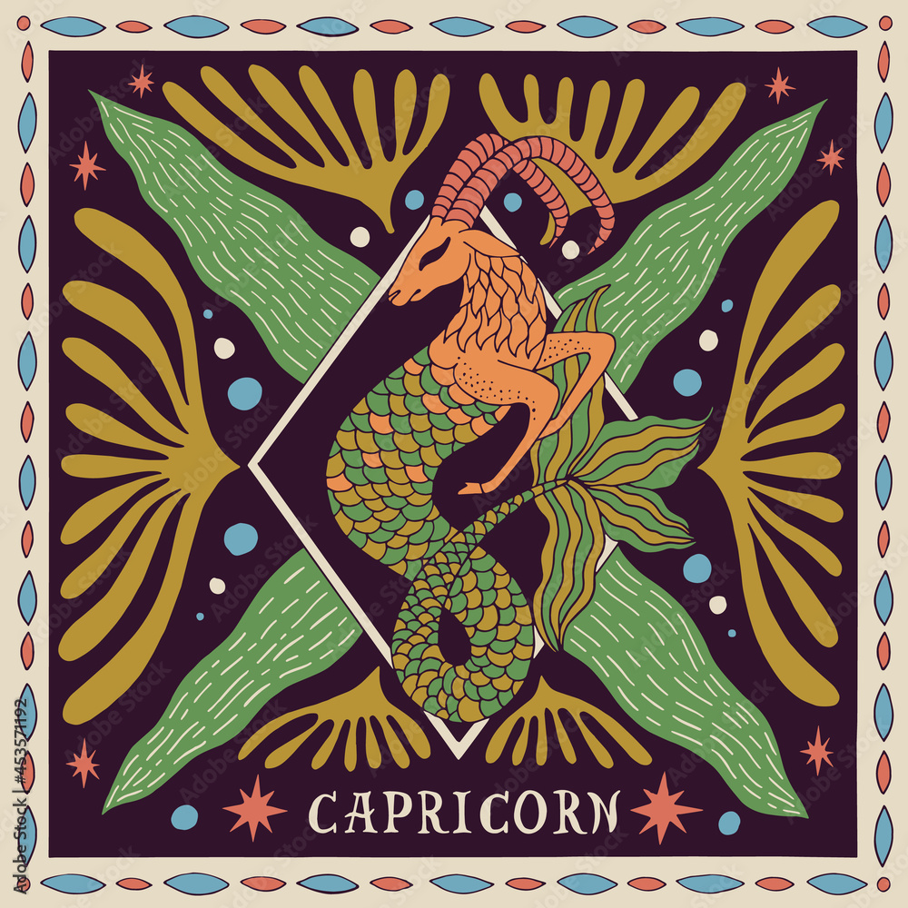 Capricorn zodiac sign. Horoscope. Illustration for souvenirs and social ...