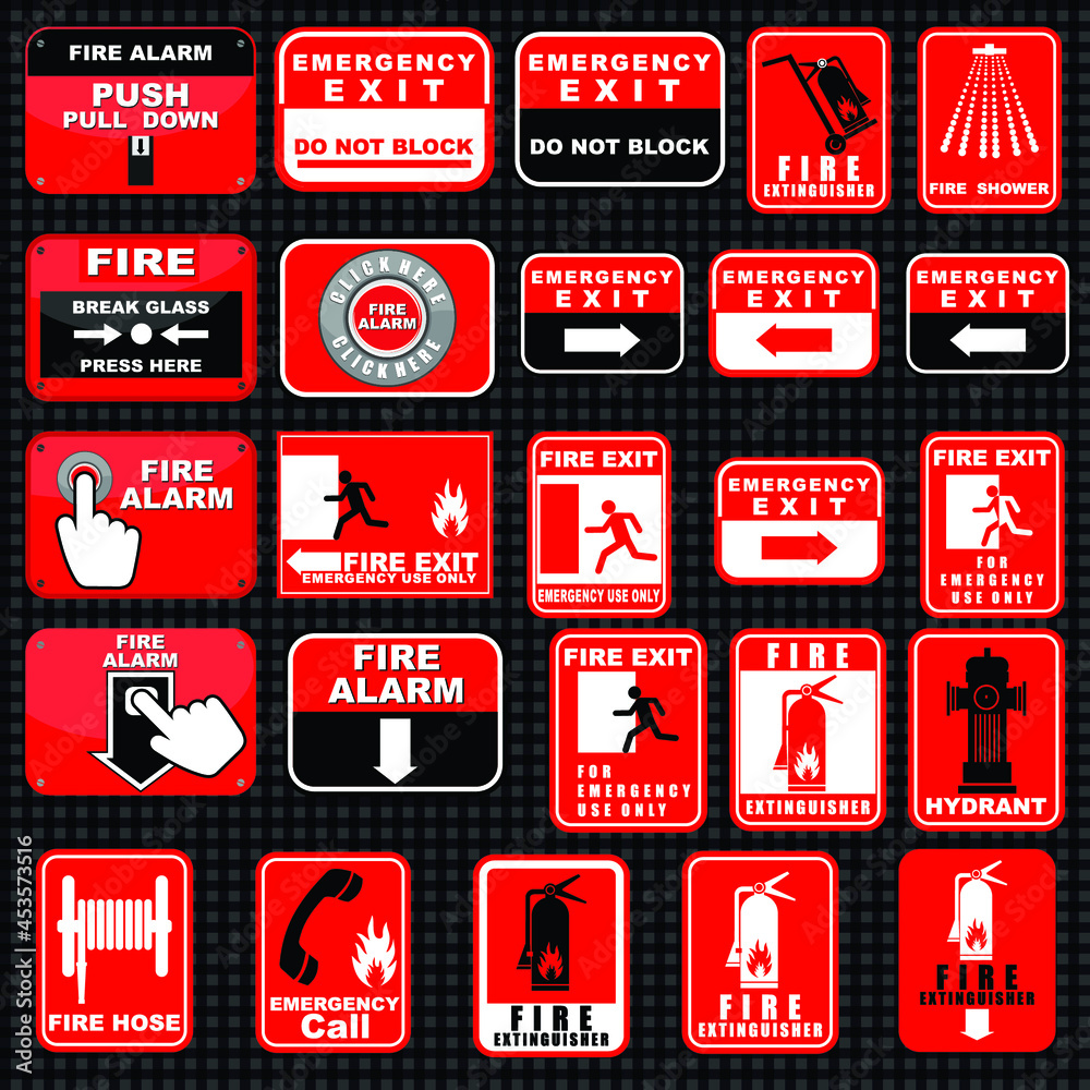 Sticker and sign , emergency exit, fire extinguisher, fire alarm ...