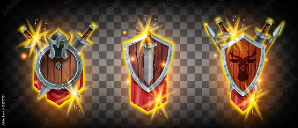 Winner game badge icon kit, vector rank heraldic award set, medieval ...