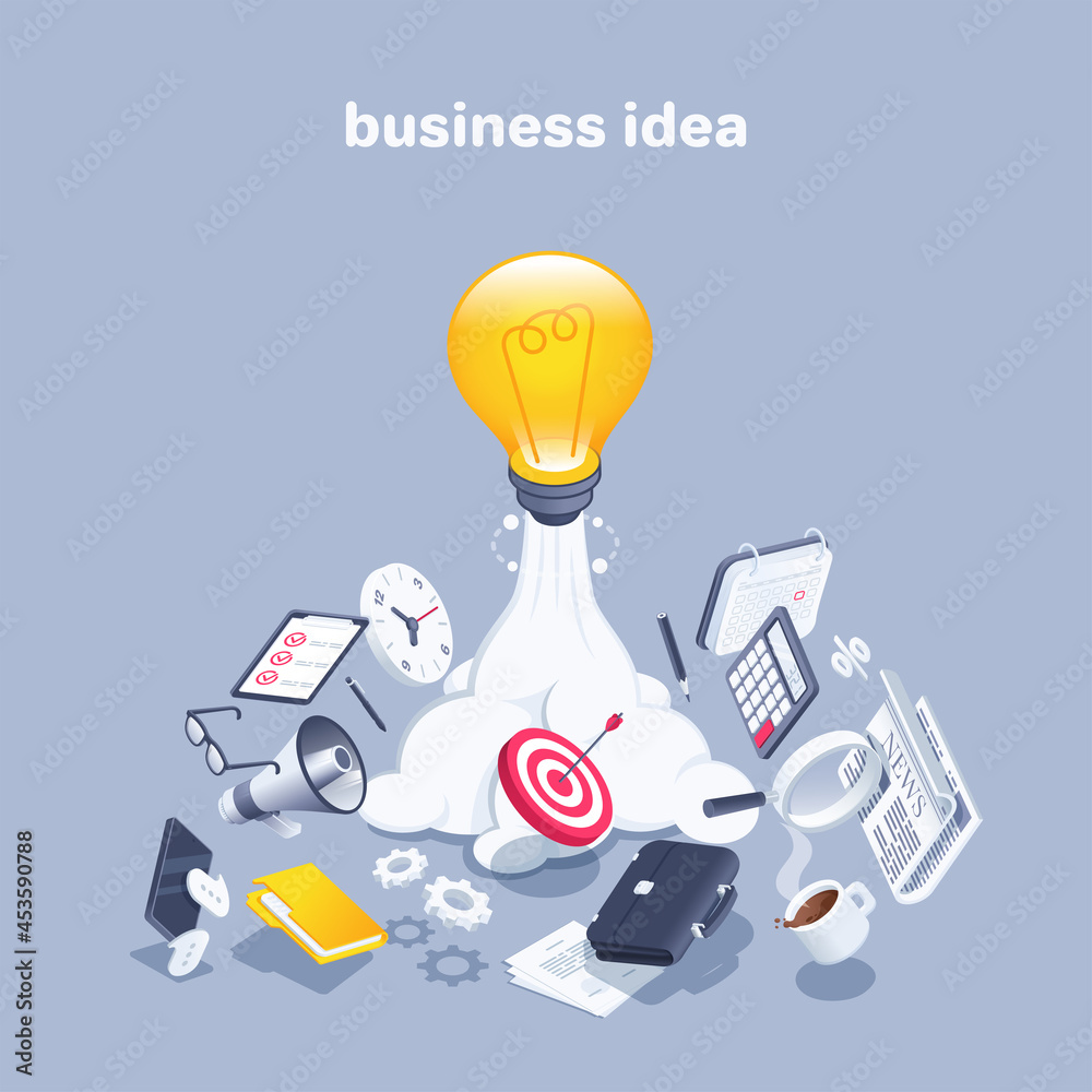 isometric vector illustration on gray background, light bulb flying up ...