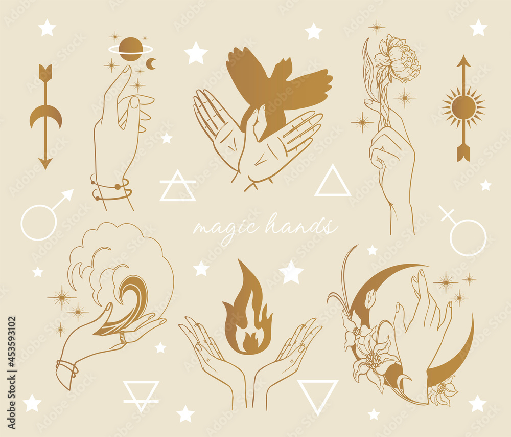 magic hands set, occult symbols: water, fire, moon, bird, space, sun ...