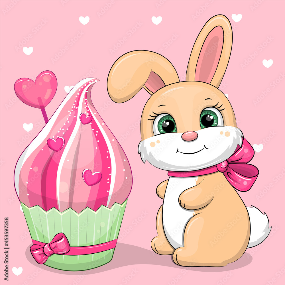 Cute cartoon bunny with cupcake. Vector illustration of animal on pink ...