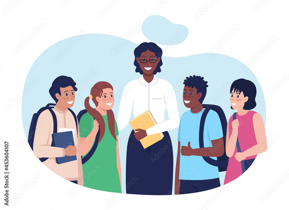 Teacher with students 2D vector isolated illustration. Happy ...