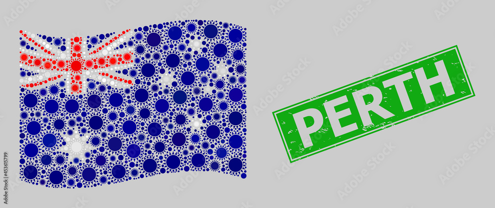 Grunge Perth and mosaic waving Australia flag constructed of sun items ...