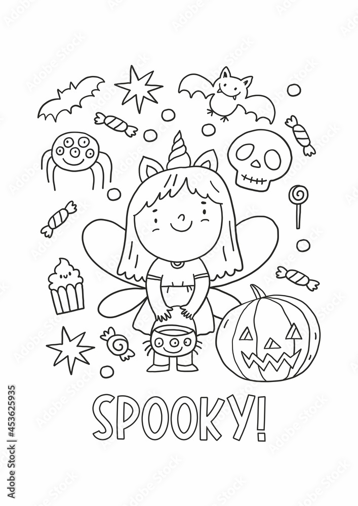 Trick or Treat coloring page. Halloween coloring page for kids. Cartoon ...