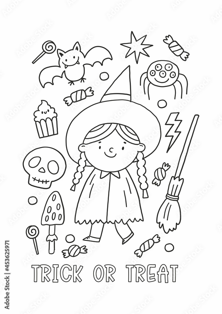 Trick or Treat coloring page. Halloween coloring page for kids. Cartoon ...