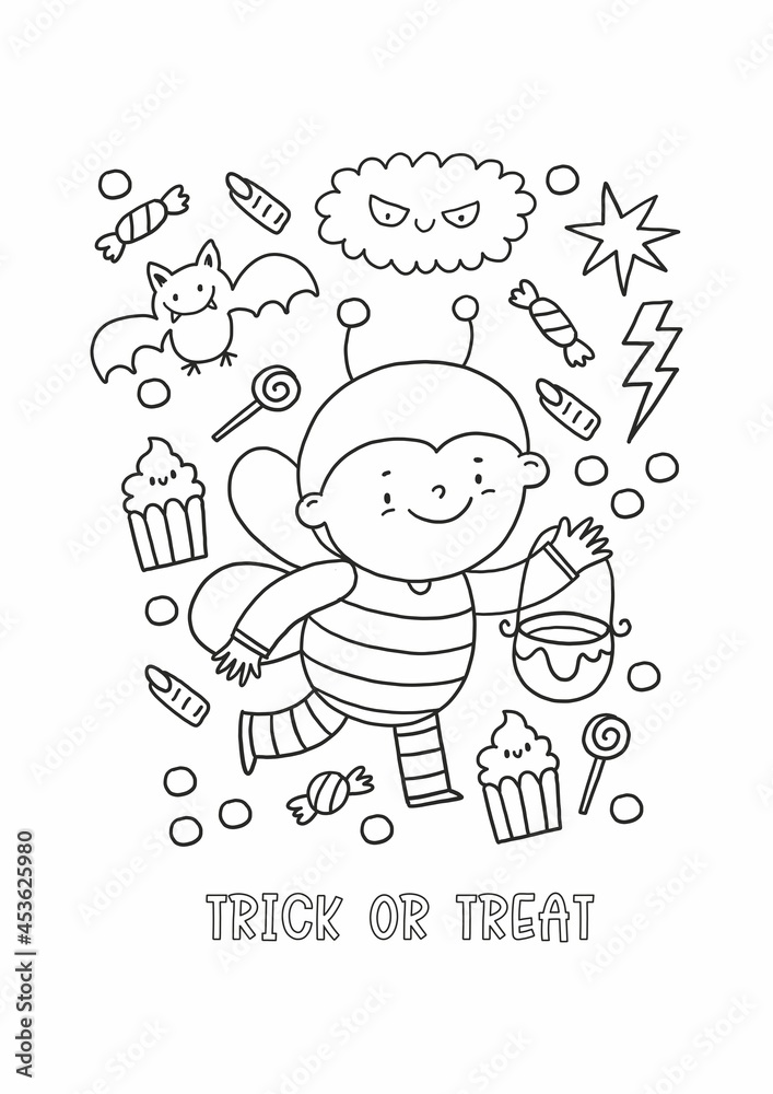 Trick or Treat coloring page. Halloween coloring page for kids. Cartoon ...