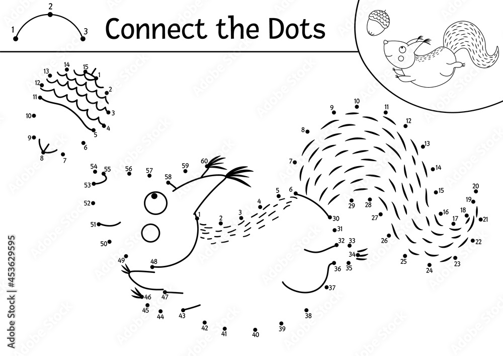 Vector dot-to-dot and color activity with cute squirrel hunting acorn. Forest connect the dots ...