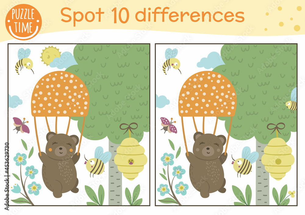 Forest find differences game for children. Preschool activity with bear ...