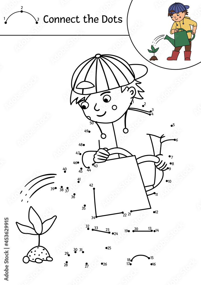 Vector dot-to-dot and color activity with cute boy watering baby plant ...
