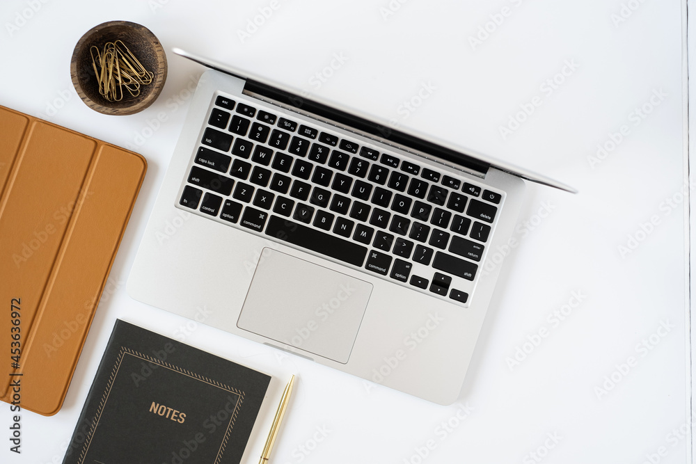 Aesthetic home office desk workspace with laptop computer, notebook ...