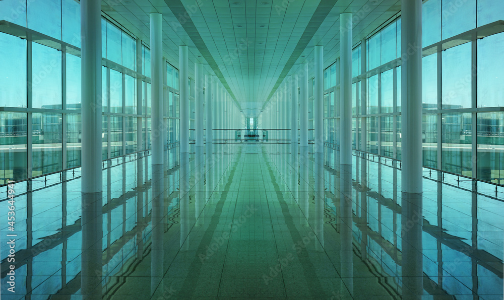 Empty airport lounge. Modern airport passenger terminal. Empty hall ...