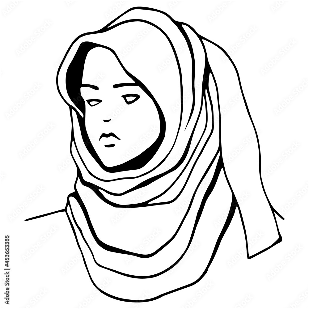 vector line art drawing of a muslim woman wearing a hijab on her head ...