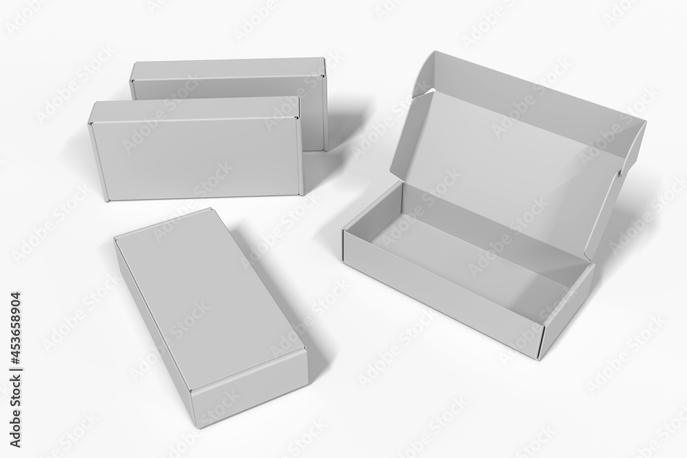Four narrow white mock-up boxes, empty, open and closed. Isolated white ...