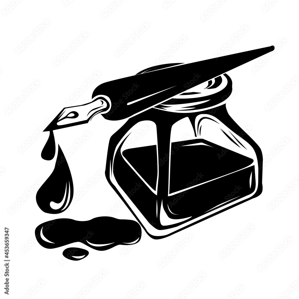 black vector drawing of bottle with ink ana pen onit with a drop of ink ...