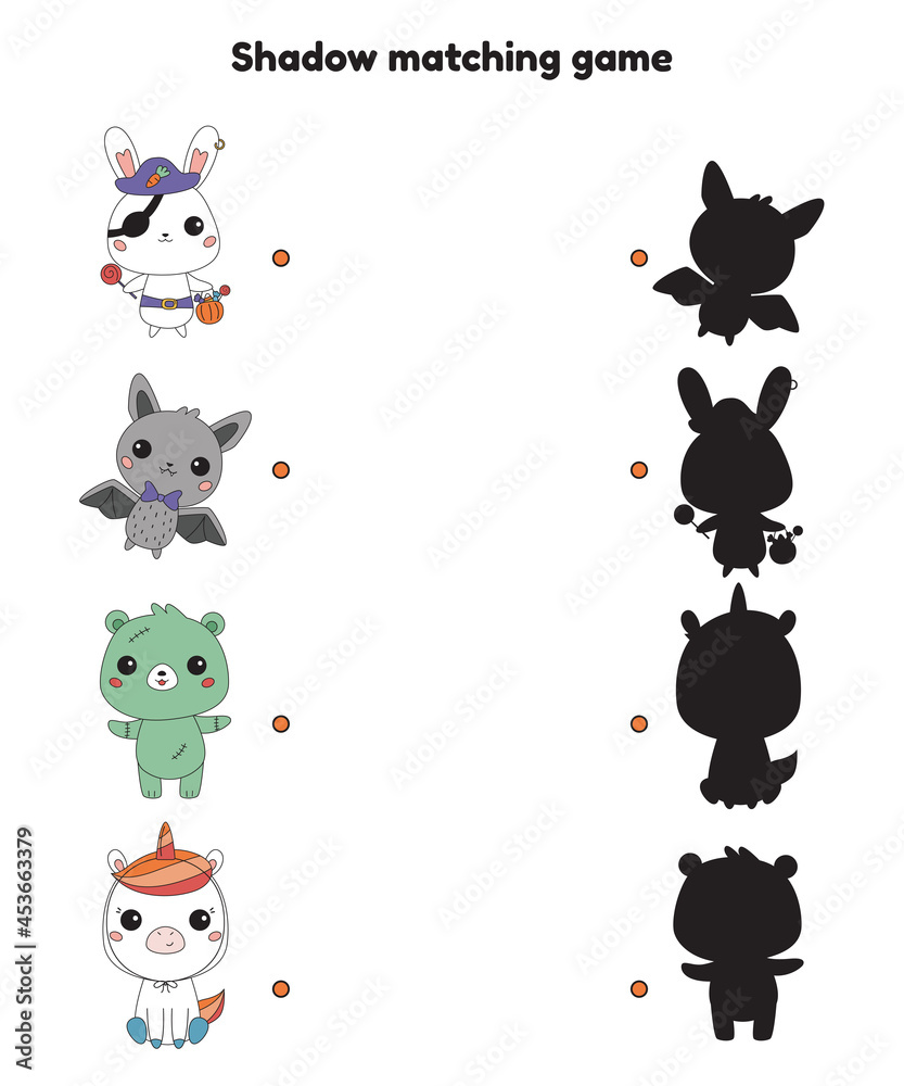 Shadow matching game for preschool kids. Halloween theme. Cute kawaii ...