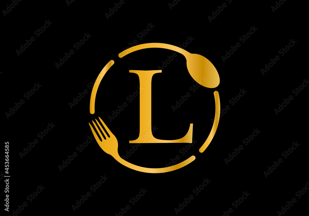 Golden colour initial L monogram alphabet with a fork, spoon. Modern ...