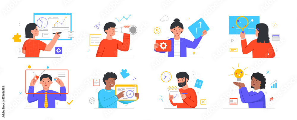 Collection of employees working on project. Men and woman in office ...