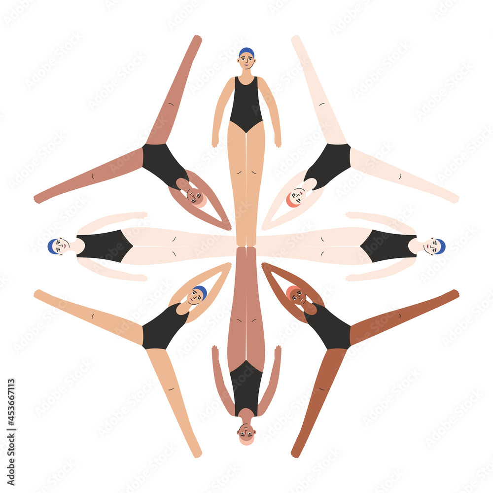 Synchronized swimming team. Group performance in the water. Vector ...