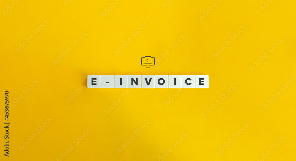 E-invoice banner and icon. Block letters on bright orange background ...