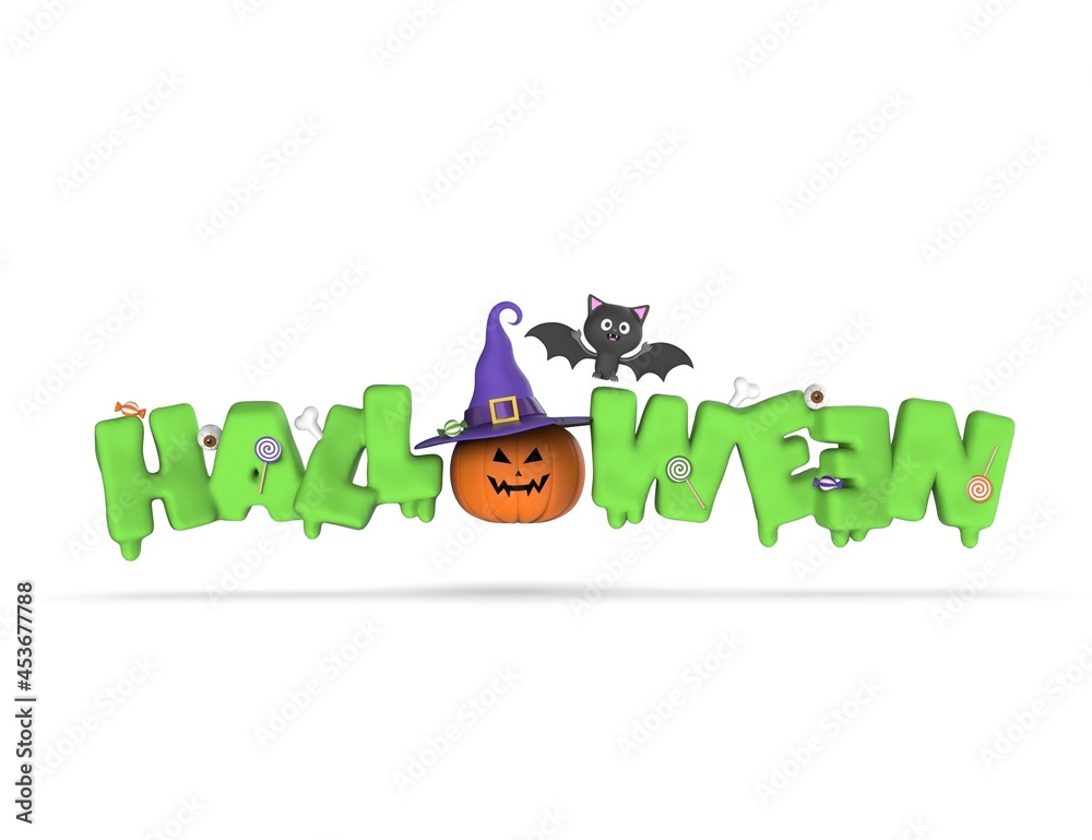 Happy Halloween dripping text and lettering with eyes, candies, pumpkin ...