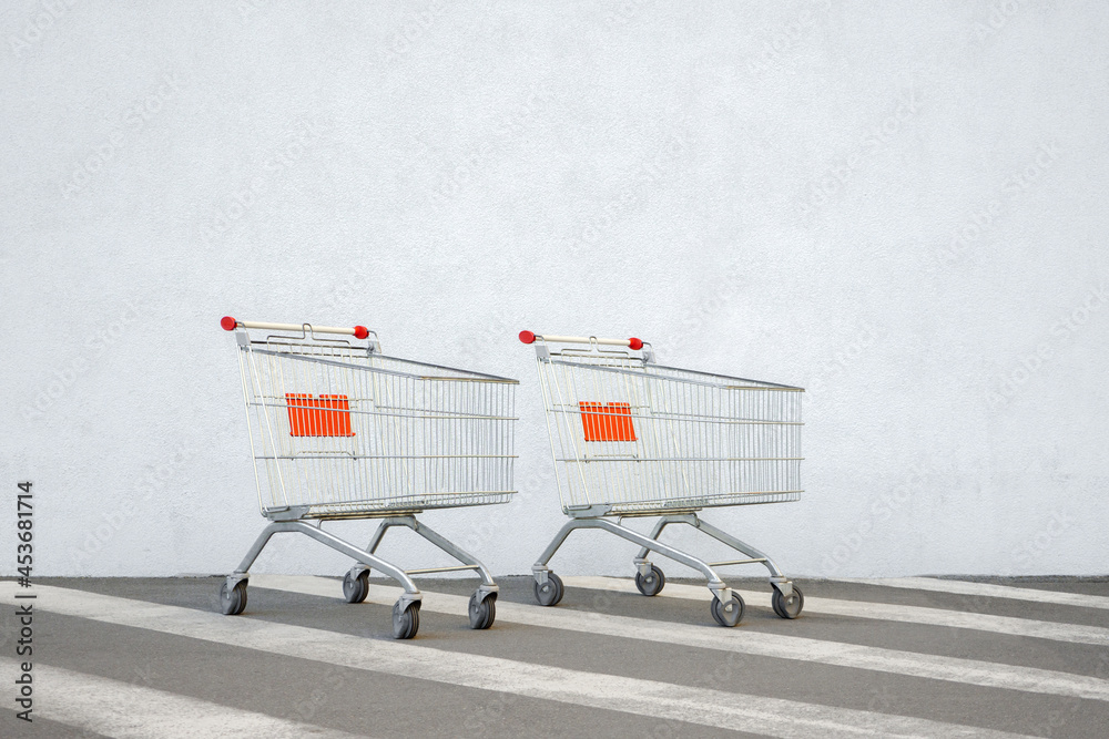 Two empty grocery cart shopping online store concept. Empty trolley ...