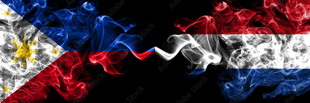 Philippines, Filipino vs Netherlands, Dutch, Holland smoke flags side ...