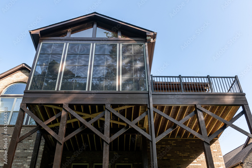 Wooden porch architecture with covered structure with gable roof ...